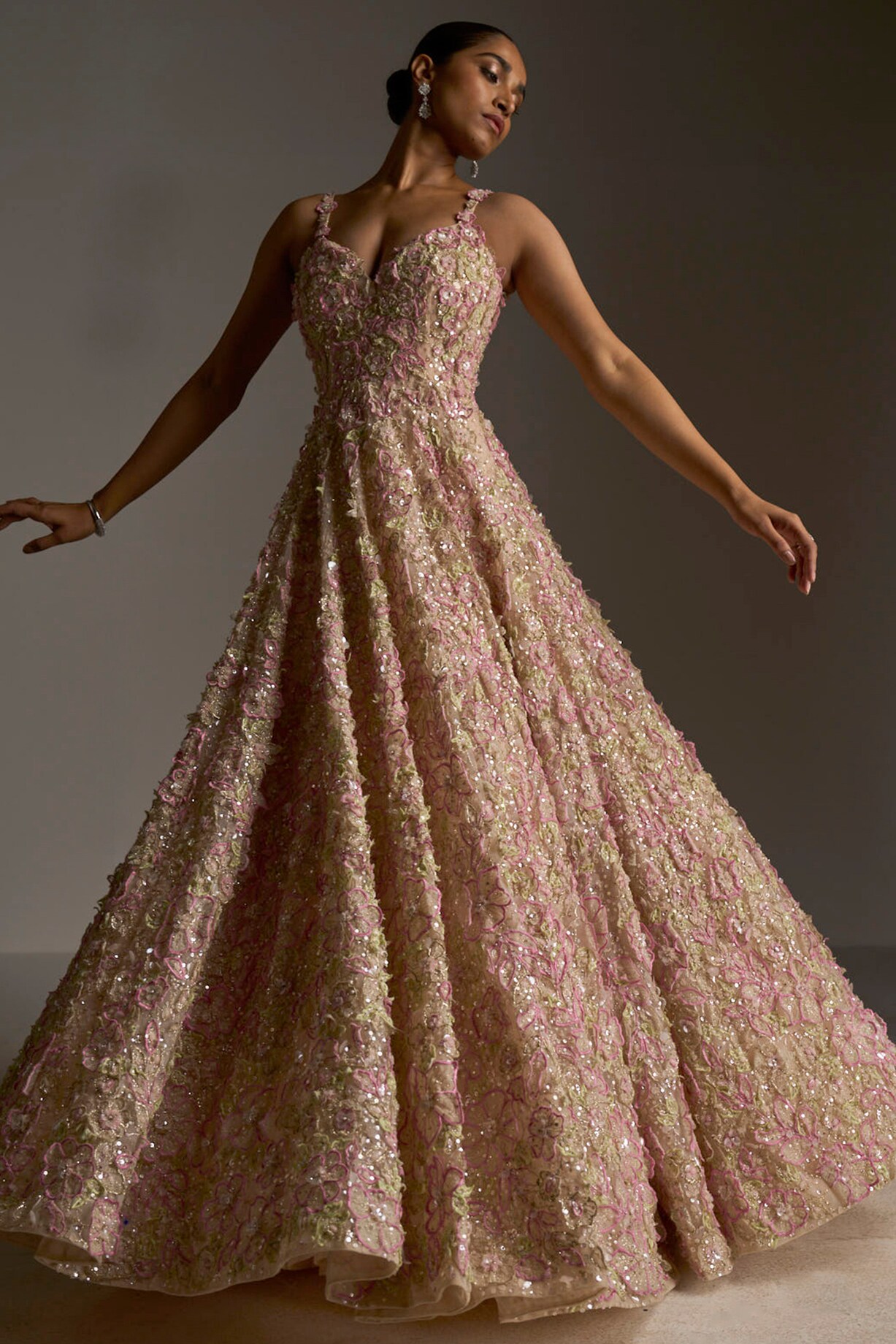 Powder Peach Net Sequins & Beads Embroidered Gown by Seema Gujral at ...