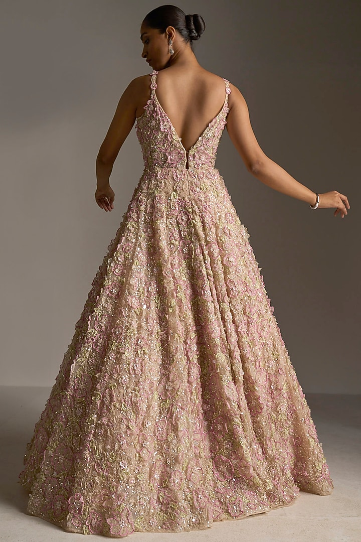 Powder Peach Net Sequins & Beads Embroidered Gown by Seema Gujral at ...