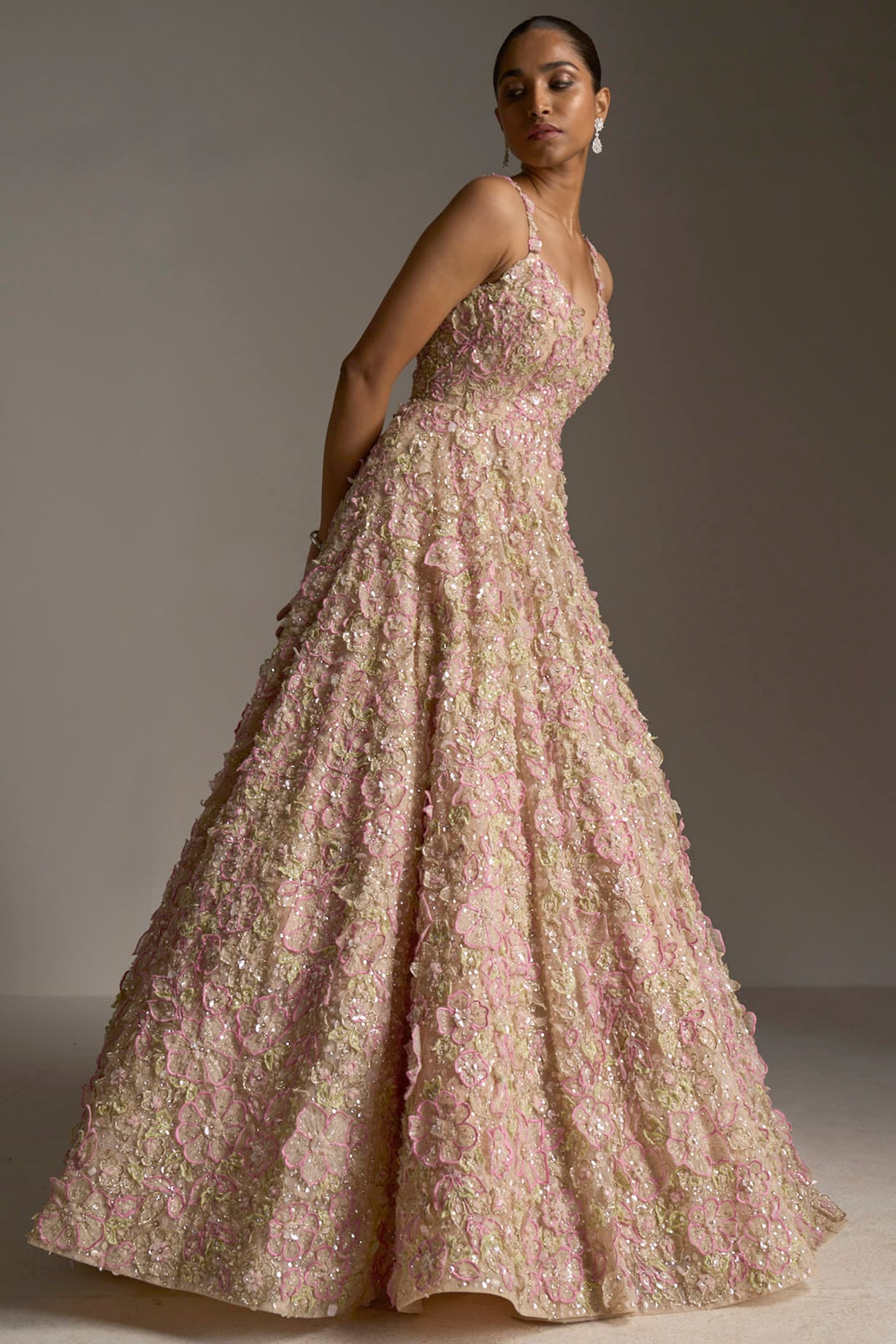 Powder Peach Net Sequins & Beads Embroidered Gown by Seema Gujral at ...