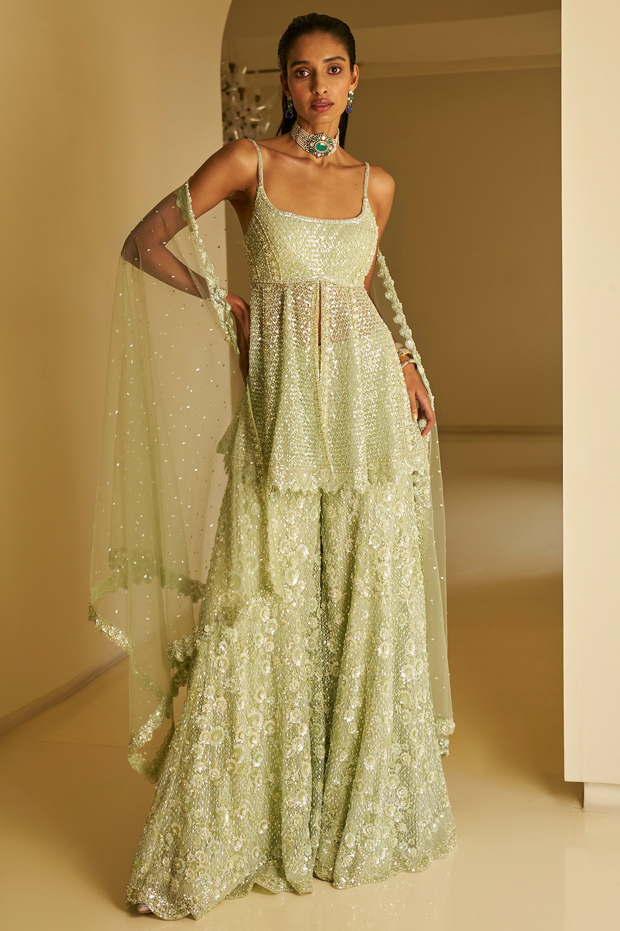 Mint Green Net Sequins Embroidered Sharara Set by Seema Gujral at ...