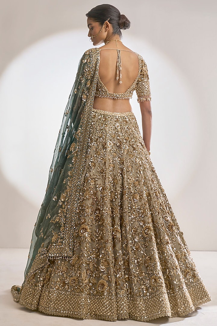 Champagne Gold Organza Zardosi Embroidered Bridal Lehenga Set by Seema ...