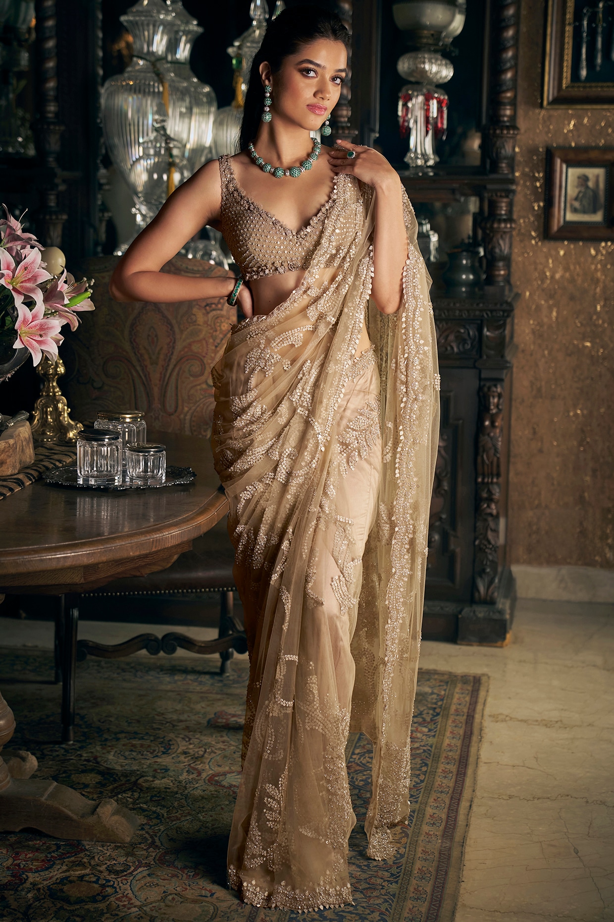 Gold Net Sequins & Crystal Embroidered Saree Set by Seema Gujral at ...