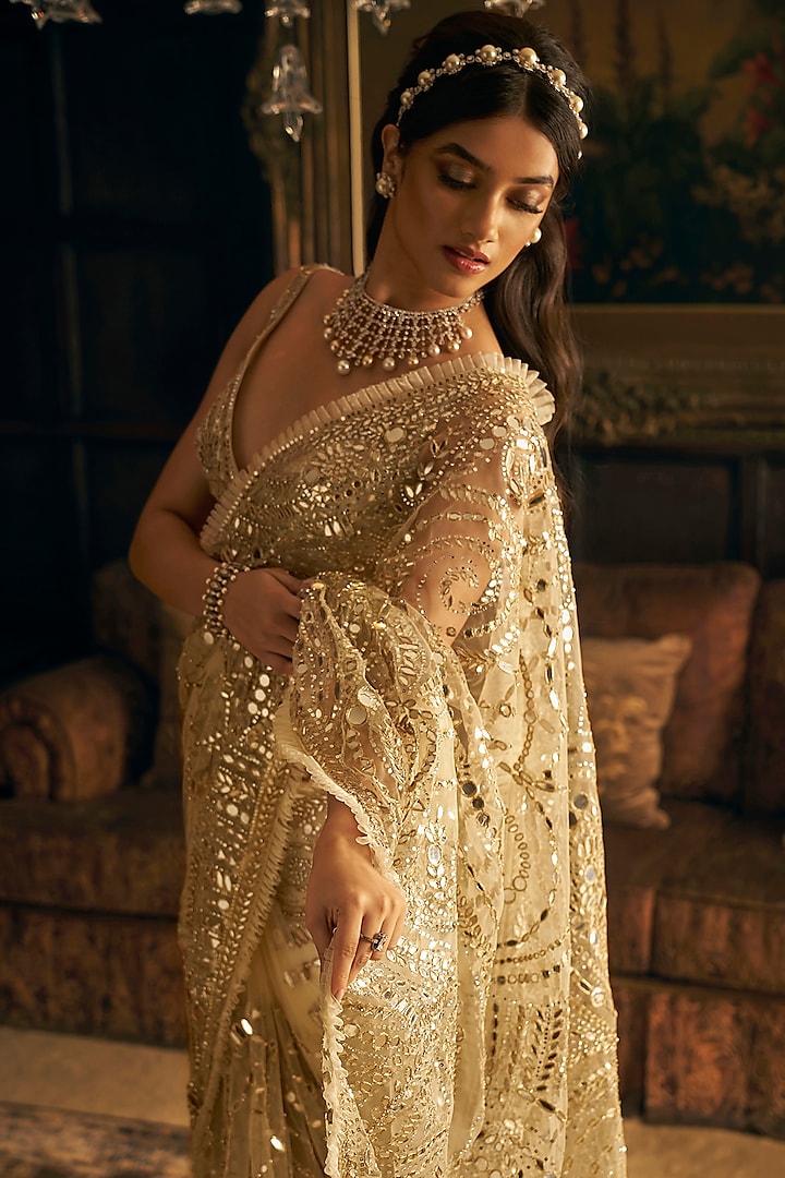 Cream Gold Net Mirror Embroidered Saree Set Design by Seema Gujral at ...
