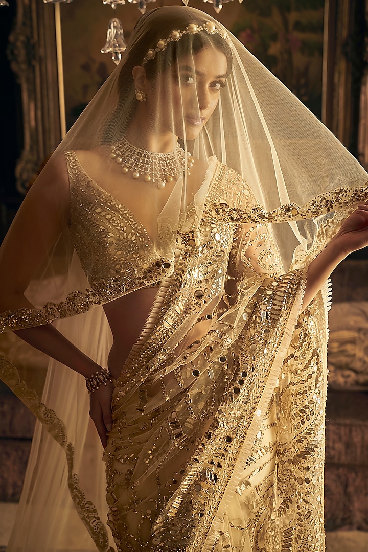 Cream Gold Net Mirror Embroidered Saree Set Design by Seema Gujral at ...
