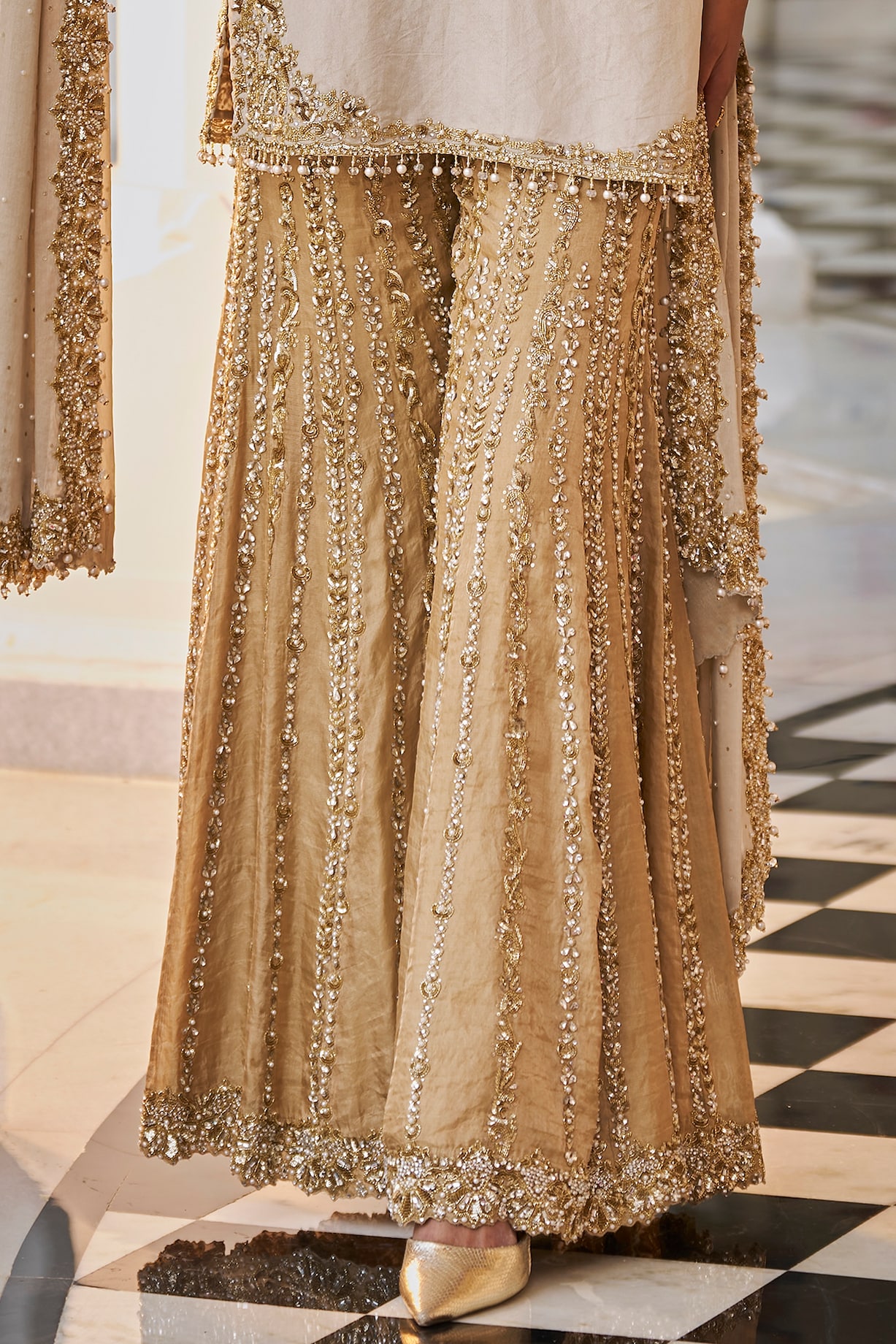 Antique Gold Tissue Silk Embroidered Sharara Set by Seema Gujral at ...