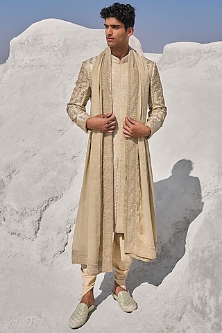 Sage Green Raw Silk Gota Patti Embroidered Groom Sherwani Set by Seema ...