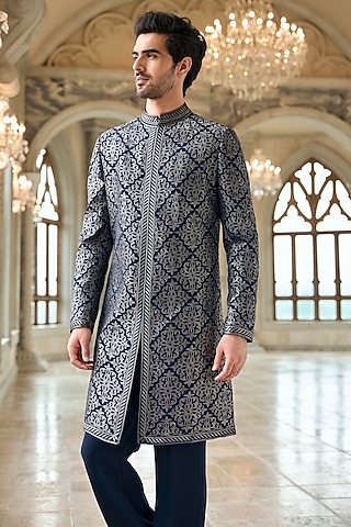 Navy Italian Crepe Thread Embroidered Groom Sherwani Set by Seema ...