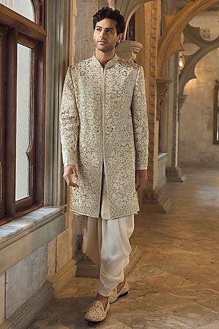 Antique Gold Raw Silk Dori Embroidered Groom Sherwani Set by Seema ...