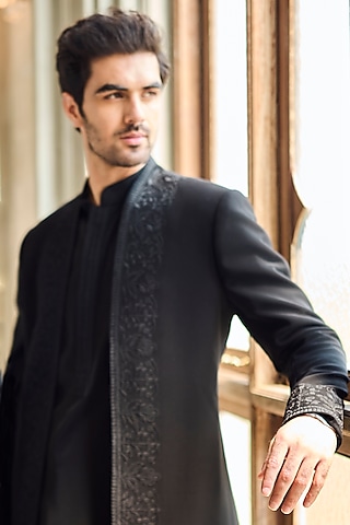 Black Italian Crepe Thread Embroidered Open Groom Sherwani Set by Seema ...