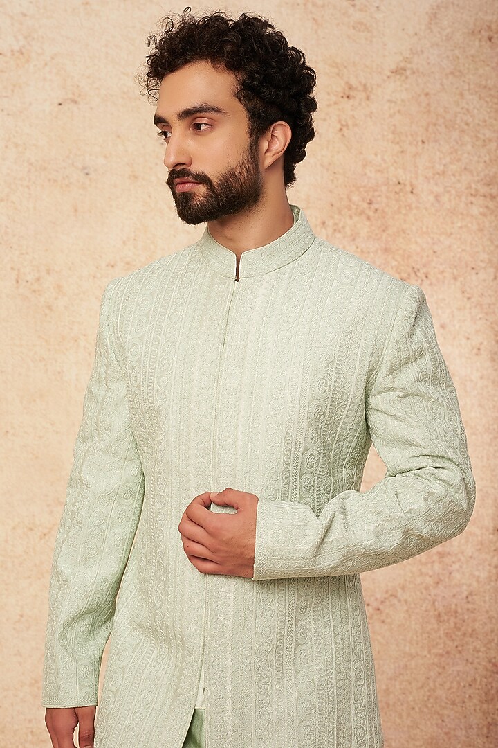 Mint Green Groom Sherwani With Embroidery by Seema Gujral Men at Pernia ...