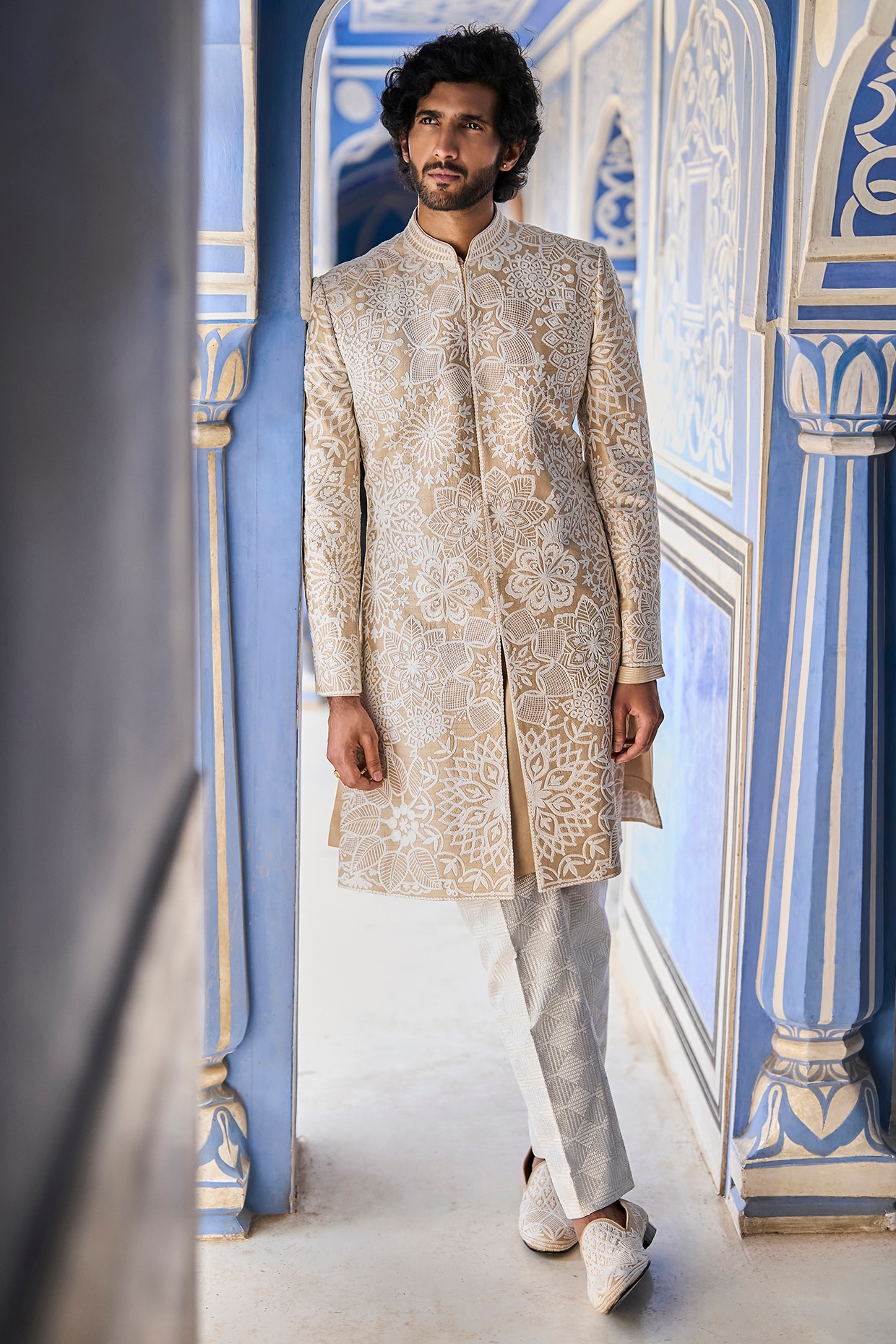 Nude Raw Silk Dori Embroidered Groom Sherwani Set by Seema Gujral Men ...