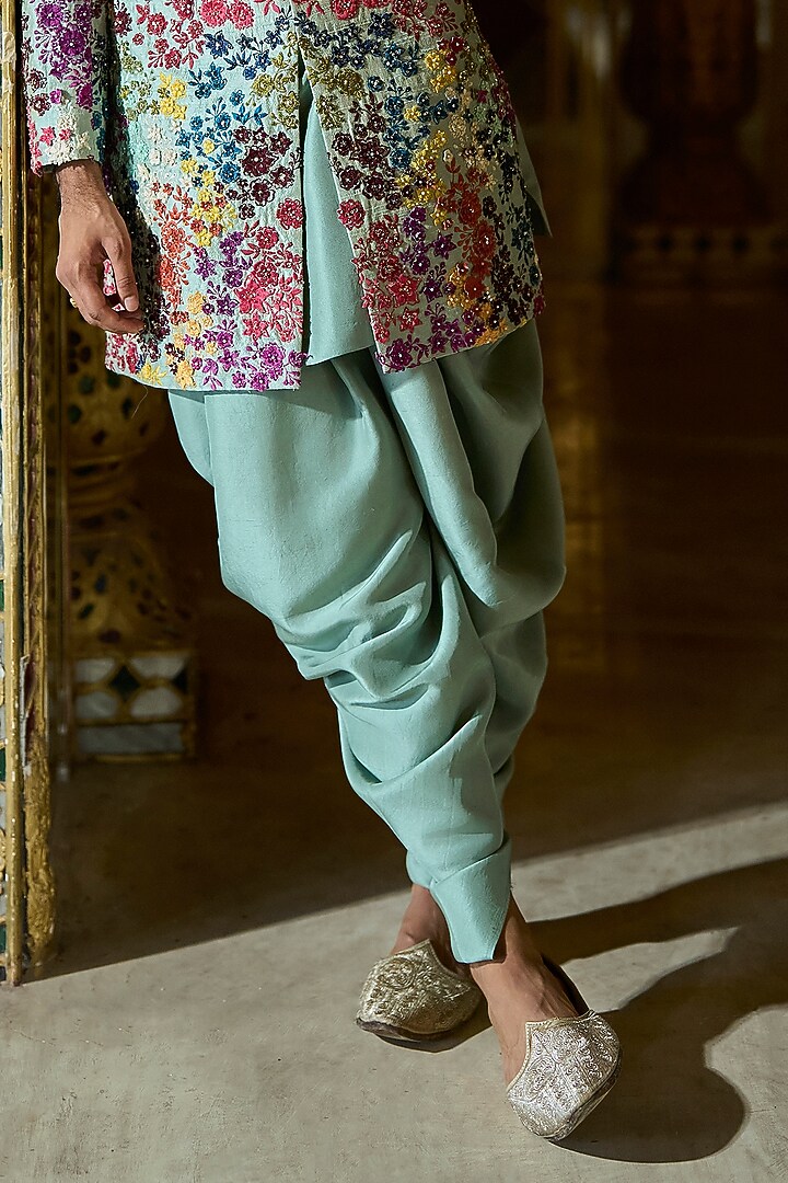 Sage Green Raw Silk Floral Embroidered Groom Sherwani Set by Seema ...