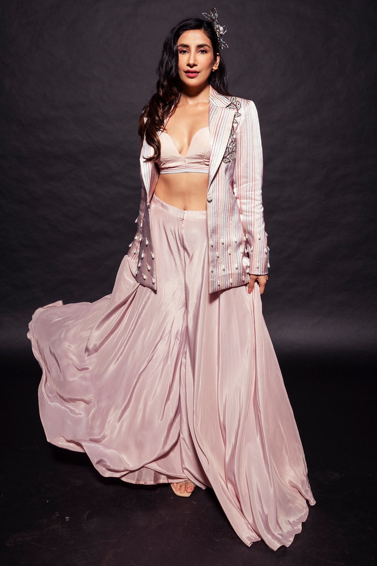 Peachy Pink Pure Mashru Silk Embroidered Jacket Set by SEJAL KAMDAR at Pernia's Pop Up Shop 2025