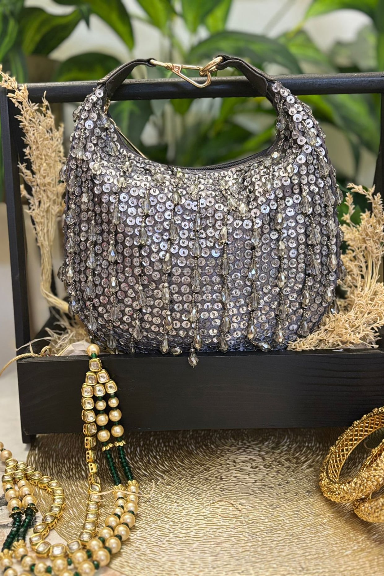 Grey Velvet Sequin & Bead Embellished Clutch by Soniya G Accessories at ...