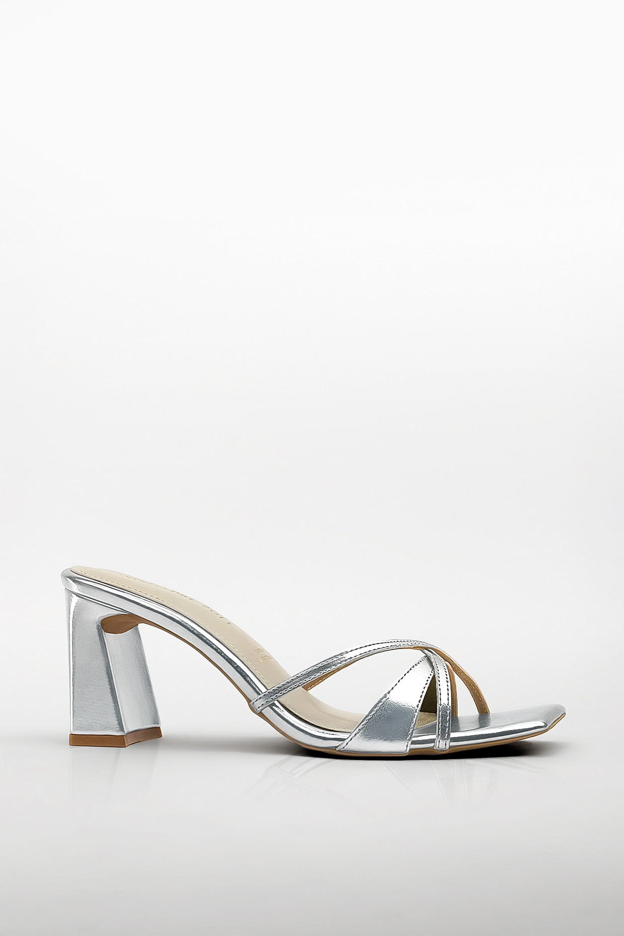 Silver Vegan Leather Flared Block Heels by Signature Sole at Pernia's ...