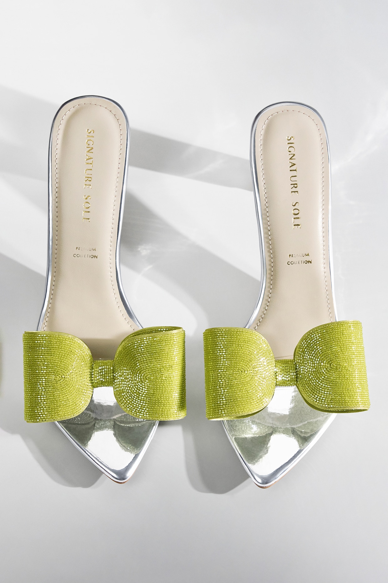 Green Vegan Leather Crystal Bow Heels by Signature Sole at Pernia's Pop ...