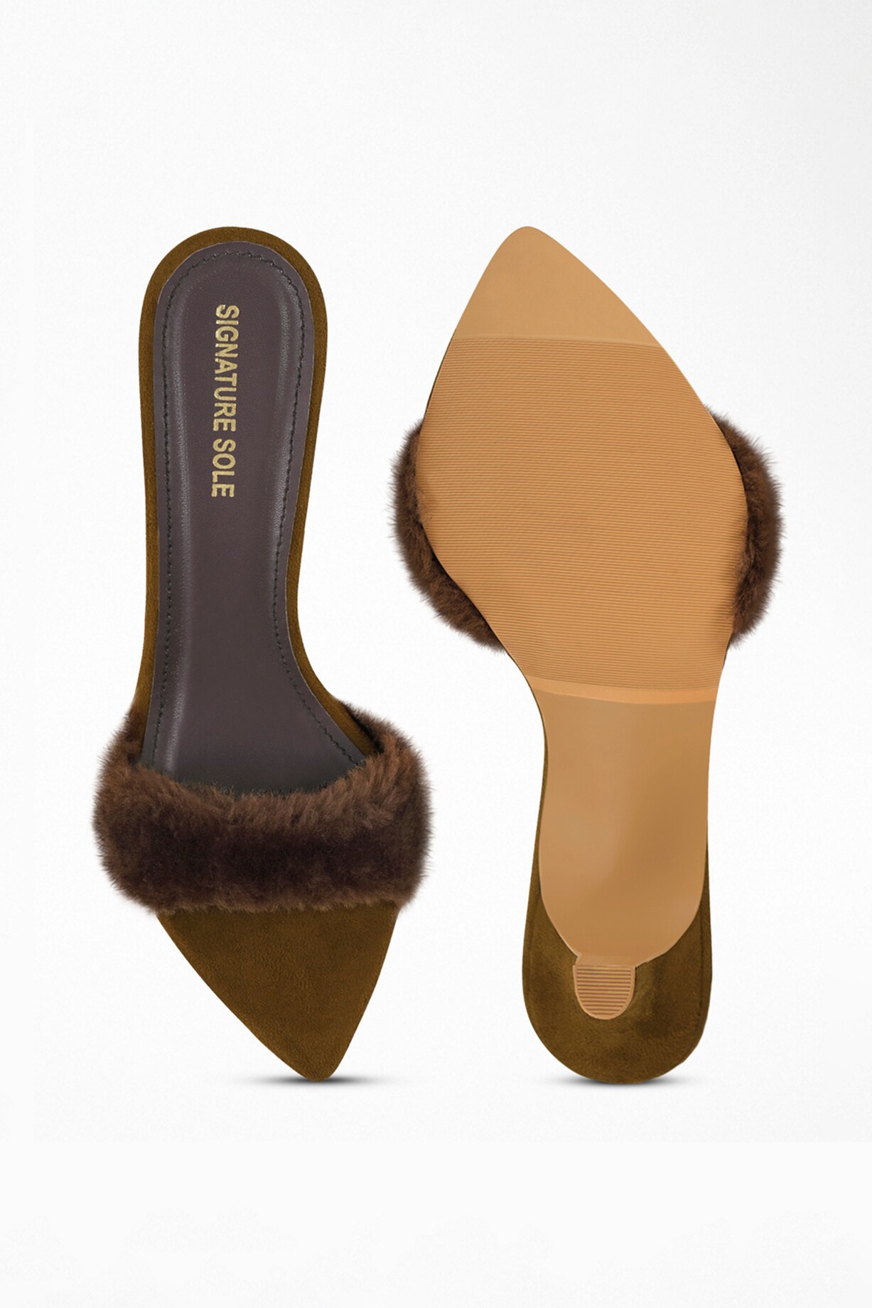 Brown Anti-Slippery Rubber Faux Fur Strap Pencil Heels by Signature ...