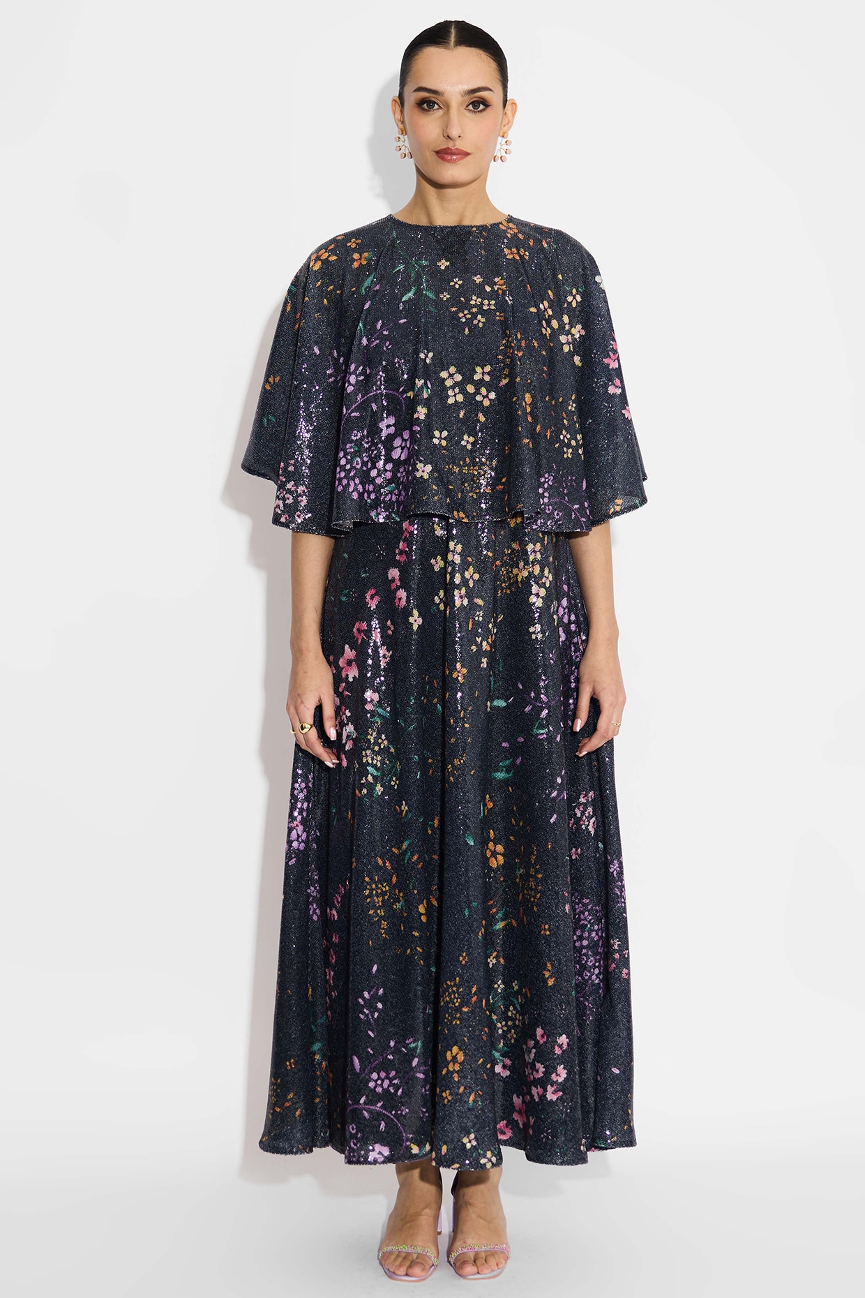 Black Transparent Poly Sequin Floral Dress With Cape by Shasha Gaba at ...