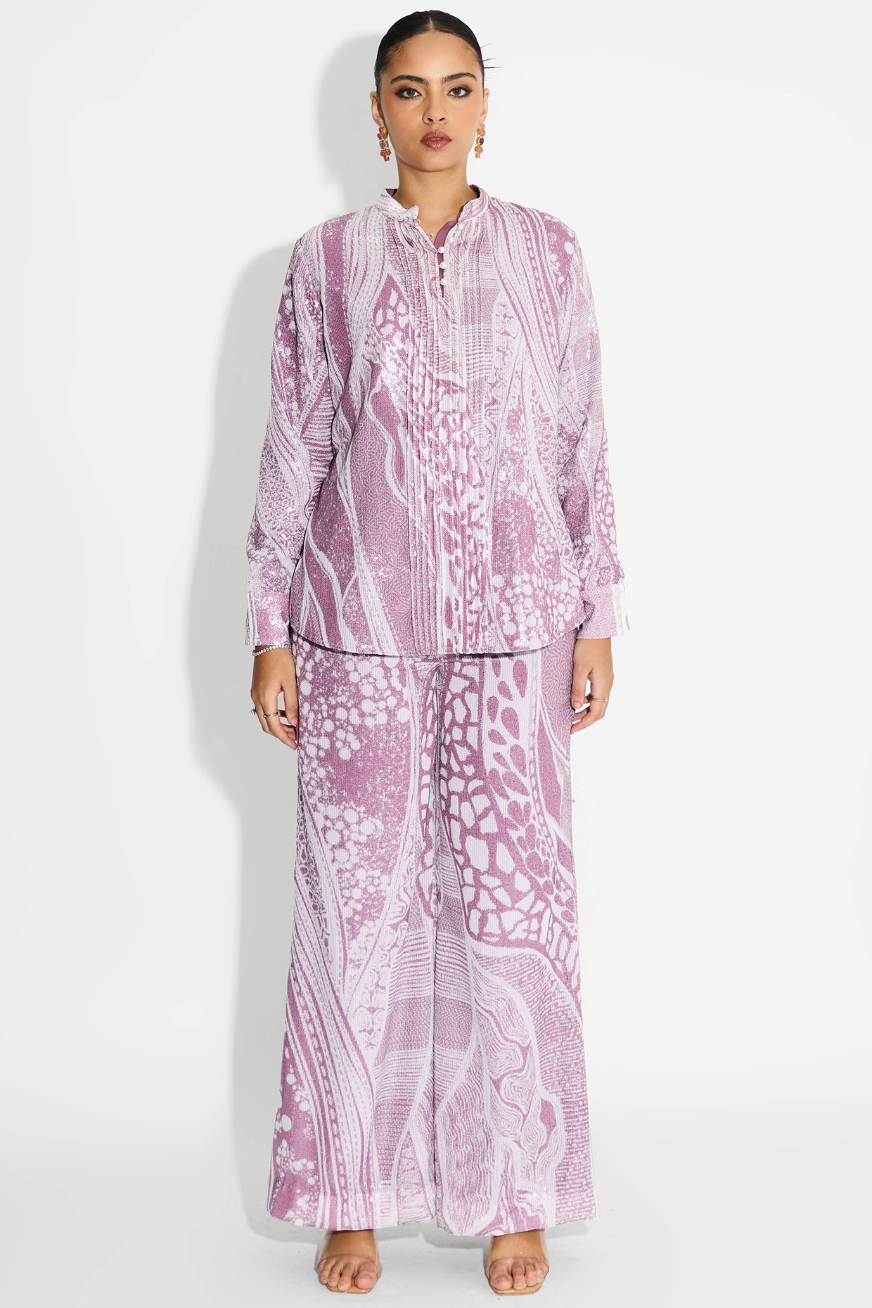 Light Mauve Transparent Poly sequin Printed Shirt by Shasha Gaba at ...