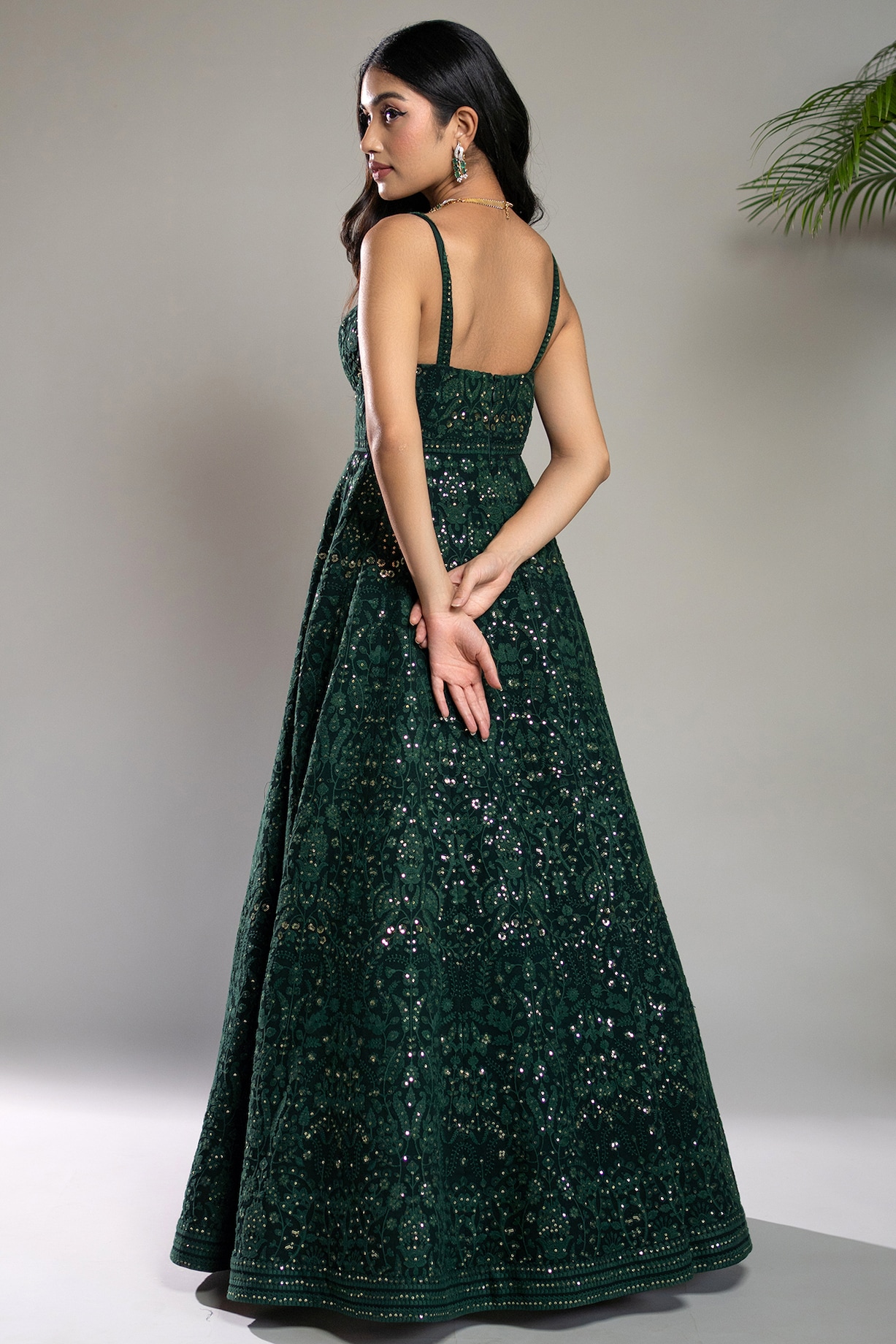 Bottle Green Georgette Chikankari Sequins Embroidered Anarkali Set by ...