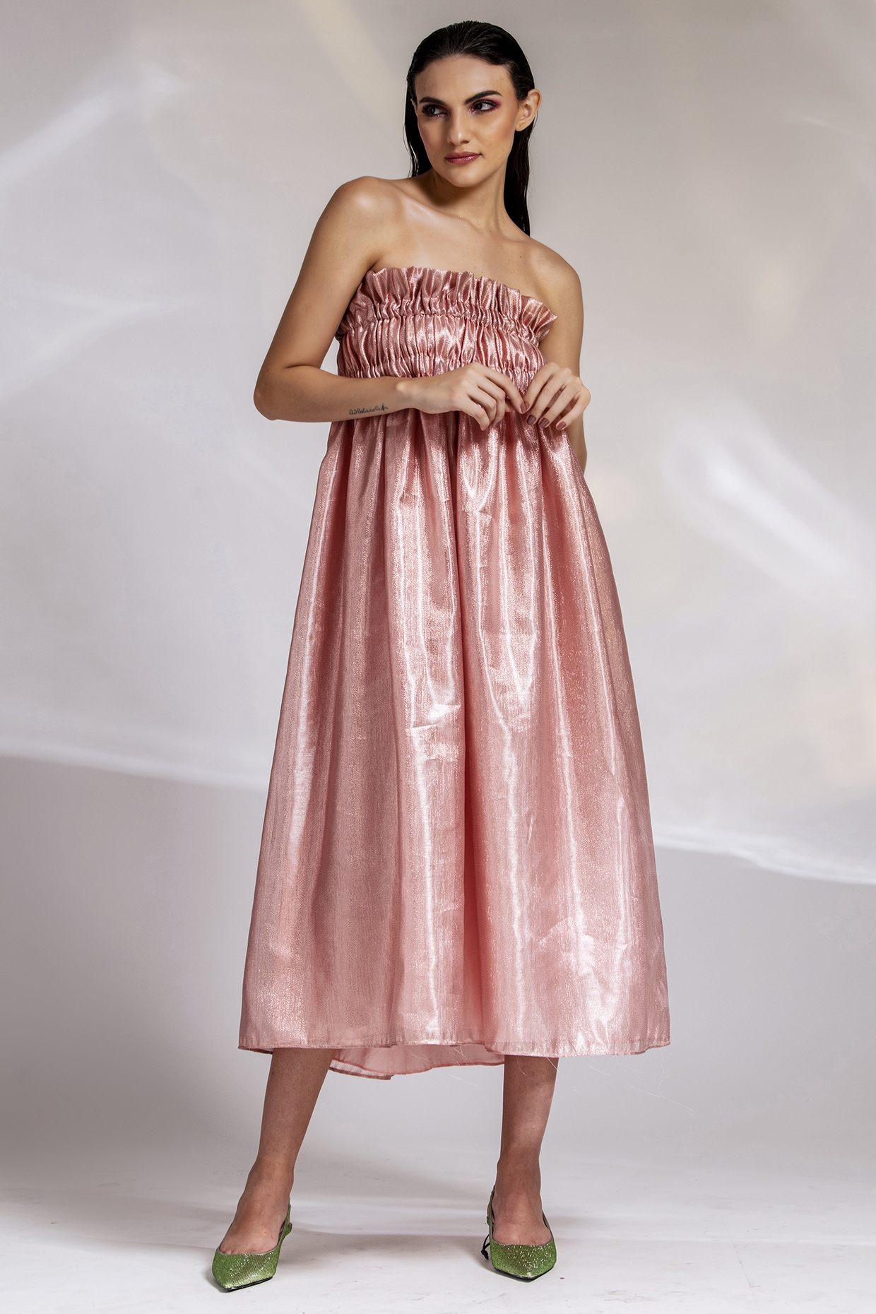 Rose Gold Shimmer Fabric Off-Shoulder Midi Dress by Shaalate at Pernia ...