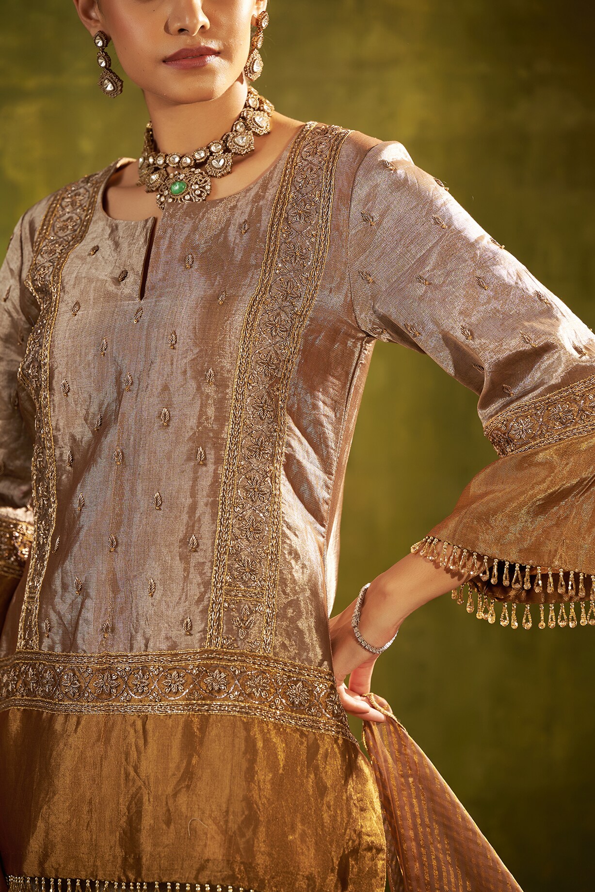 Gold Pure Handwoven Tissue Zari Fabric Dabka Embroidered Kurta Set by ...