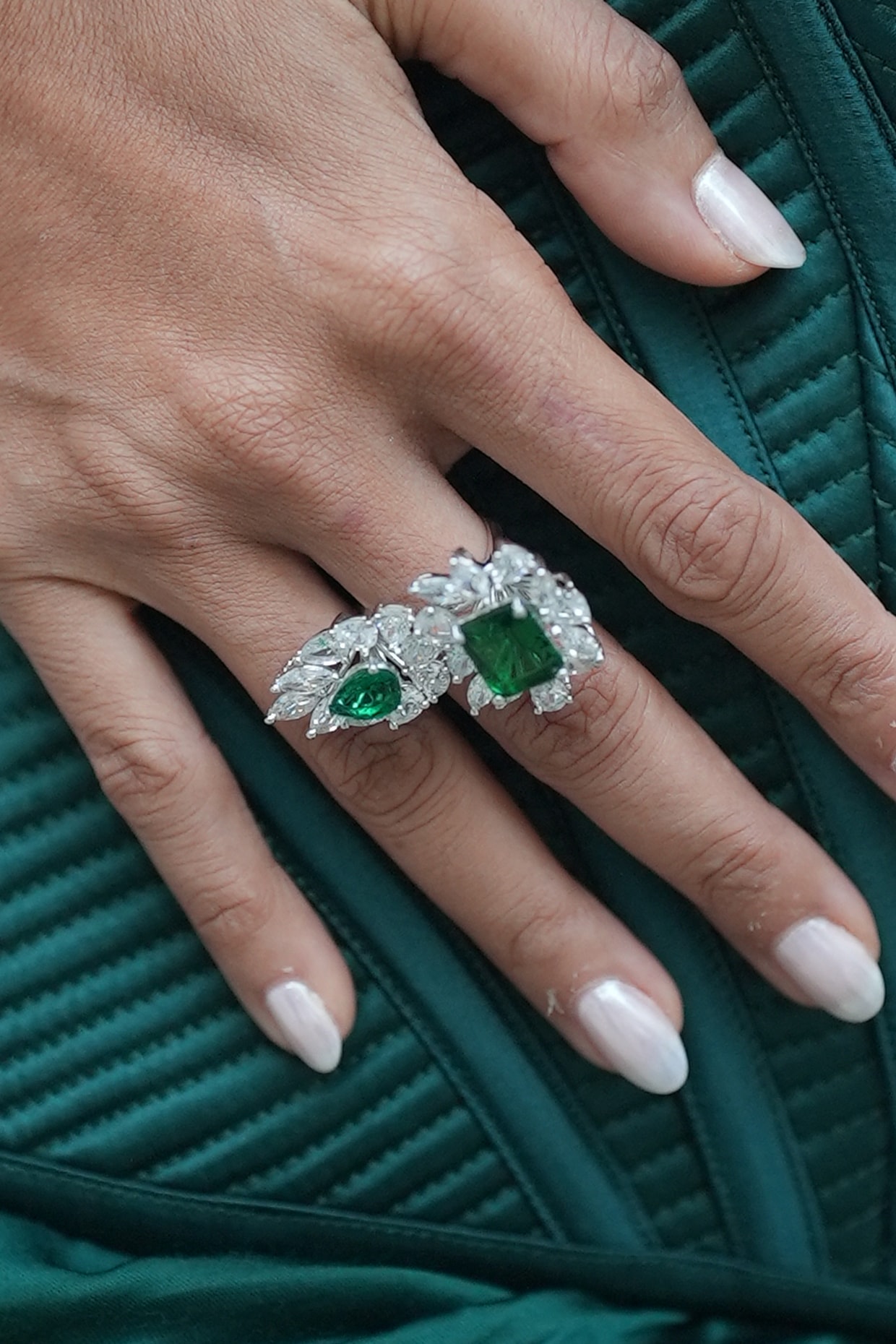 White Gold Finish Zircon & Emerald Stone Ring by Shaze Jewellery at Pernia's Pop Up Shop 2024