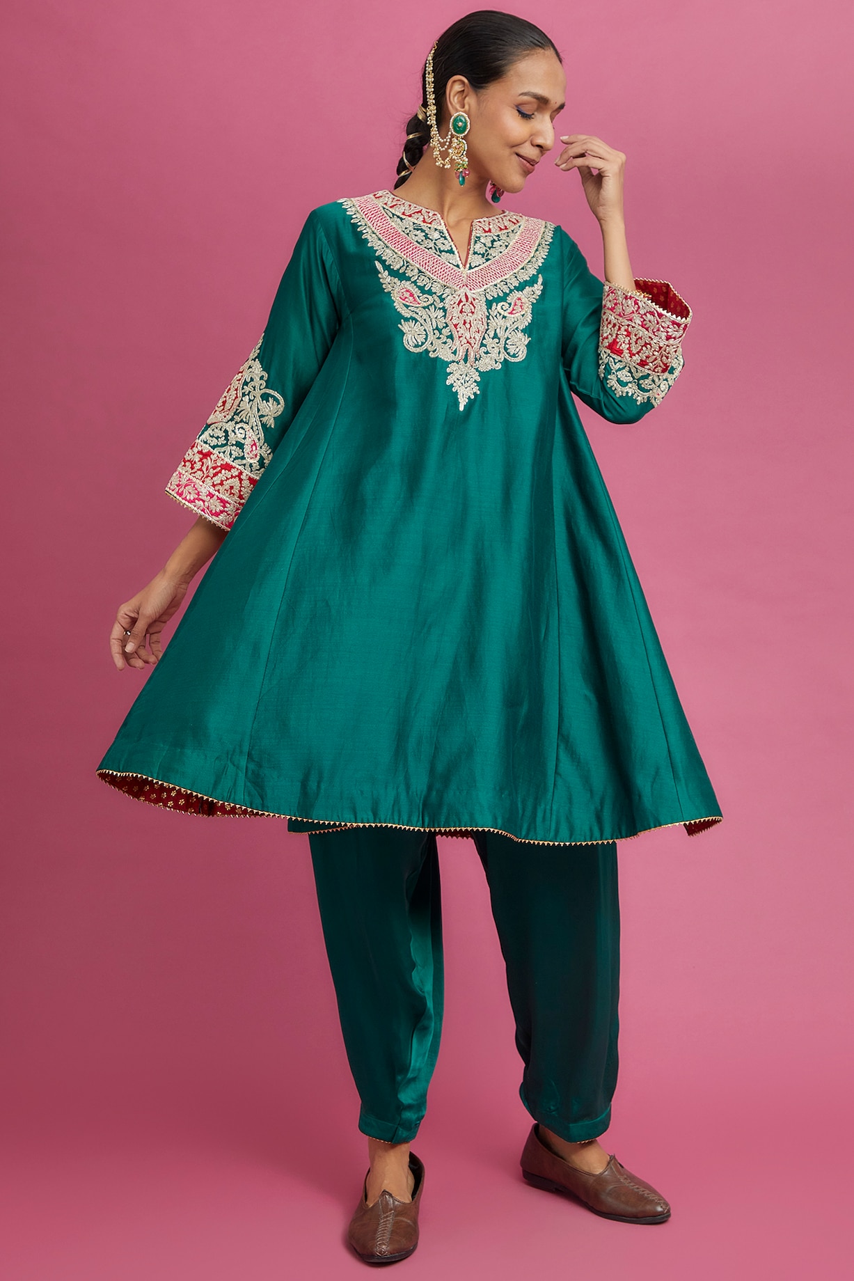 Green Silk Chanderi Embroidered Choga Kurta Set by Sheetal Batra at ...
