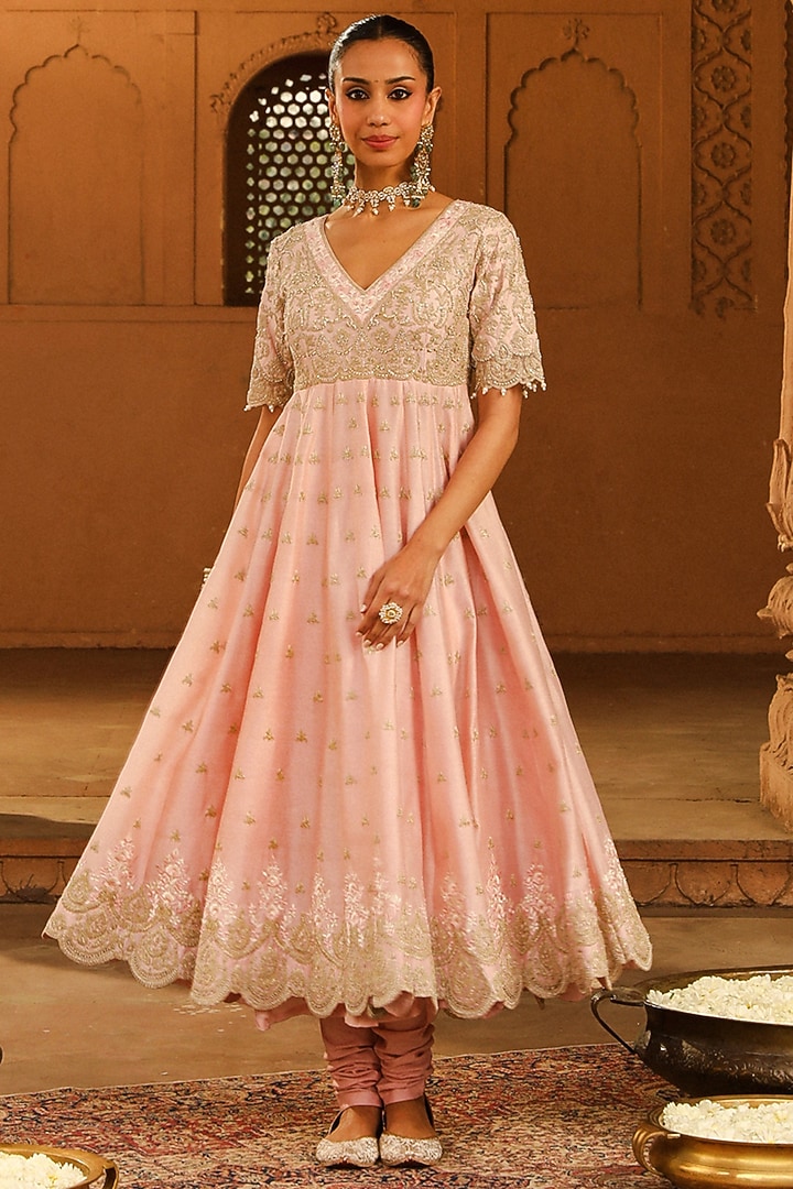 Blush Pink Pure Silk Chanderi Kashmiri Tilla Embroidered Kalidar ...