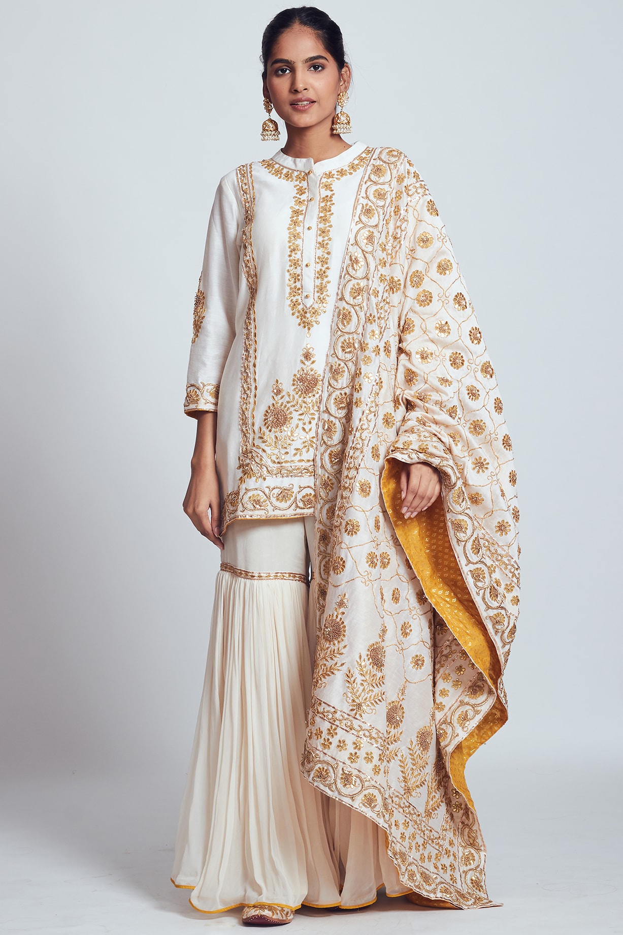 Ivory & Mustard Embroidered Gharara Set Design by Sheetal Batra at ...