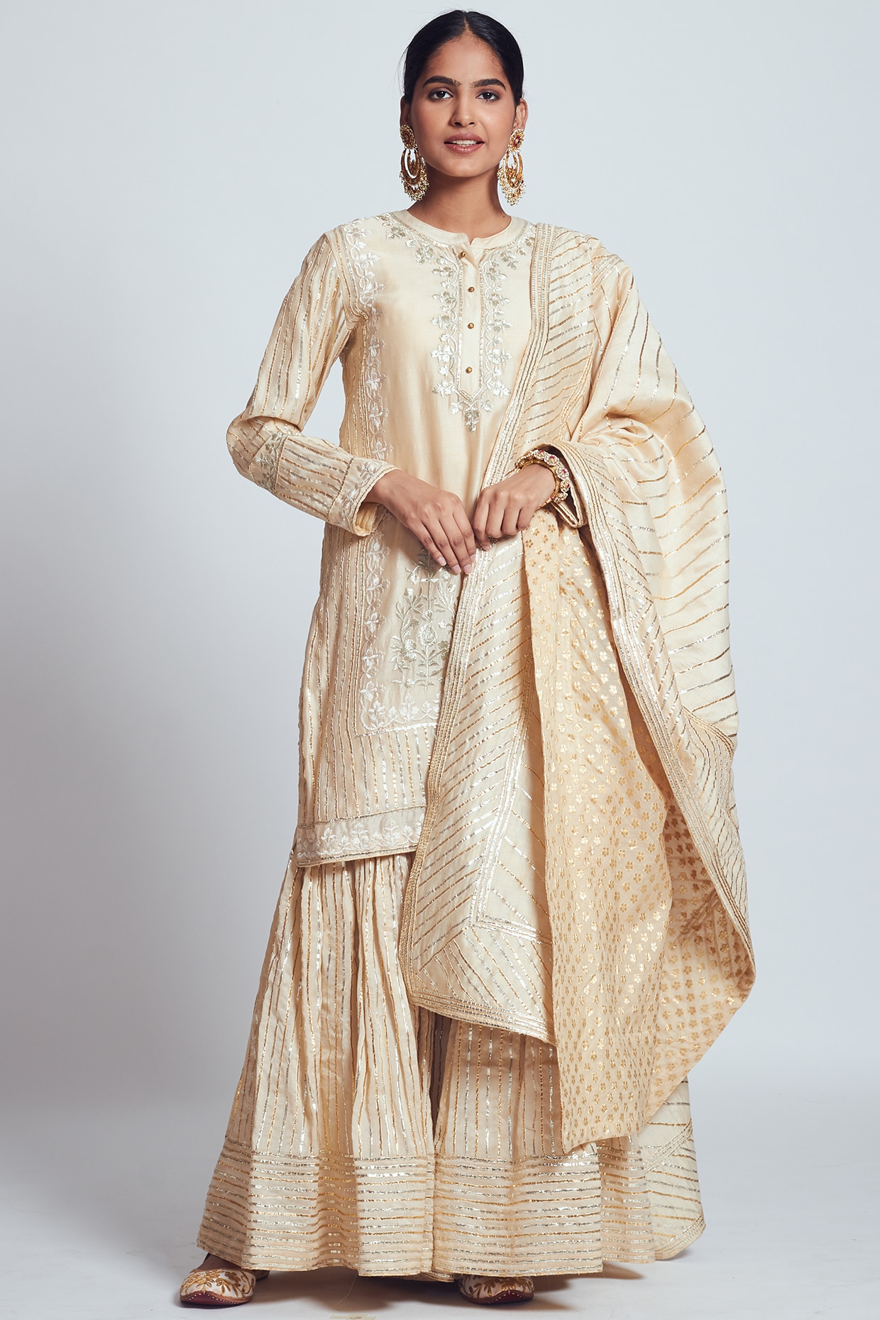 Beige Chanderi Silk Gota Embroidered Gharara Set by Sheetal Batra at ...