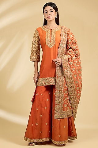 Orange Silk Chanderi Embroidered Kalidar Sharara Set by Sheetal Batra ...