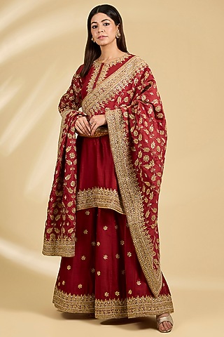 Red Silk Chanderi Embroidered Kalidar Sharara Set by Sheetal Batra at ...