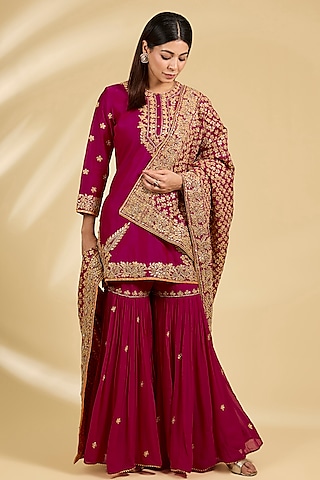Pink Silk Chanderi Embroidered Kalidar Sharara Set by Sheetal Batra at ...