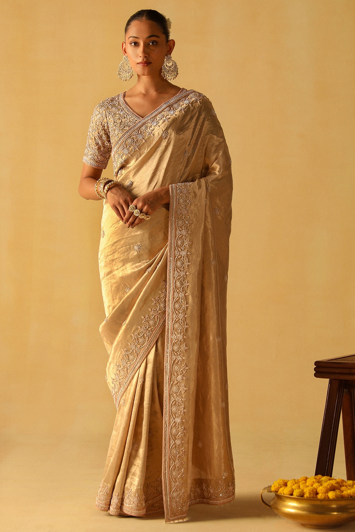 Gold Silk Tissue Dabka & Zardosi Embroidered Saree Set by Sheetal Batra ...