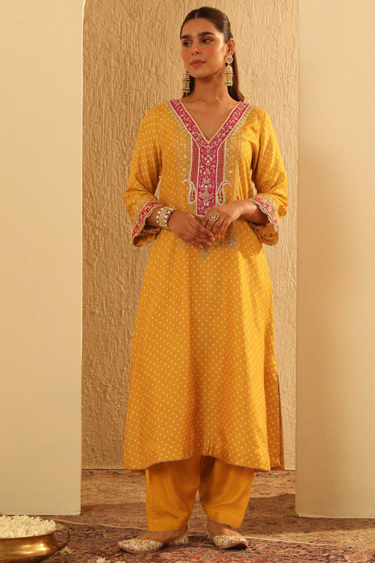 Mustard Upada Silk Pearl Embellished Bandhej Long Choga Kurta Set by ...