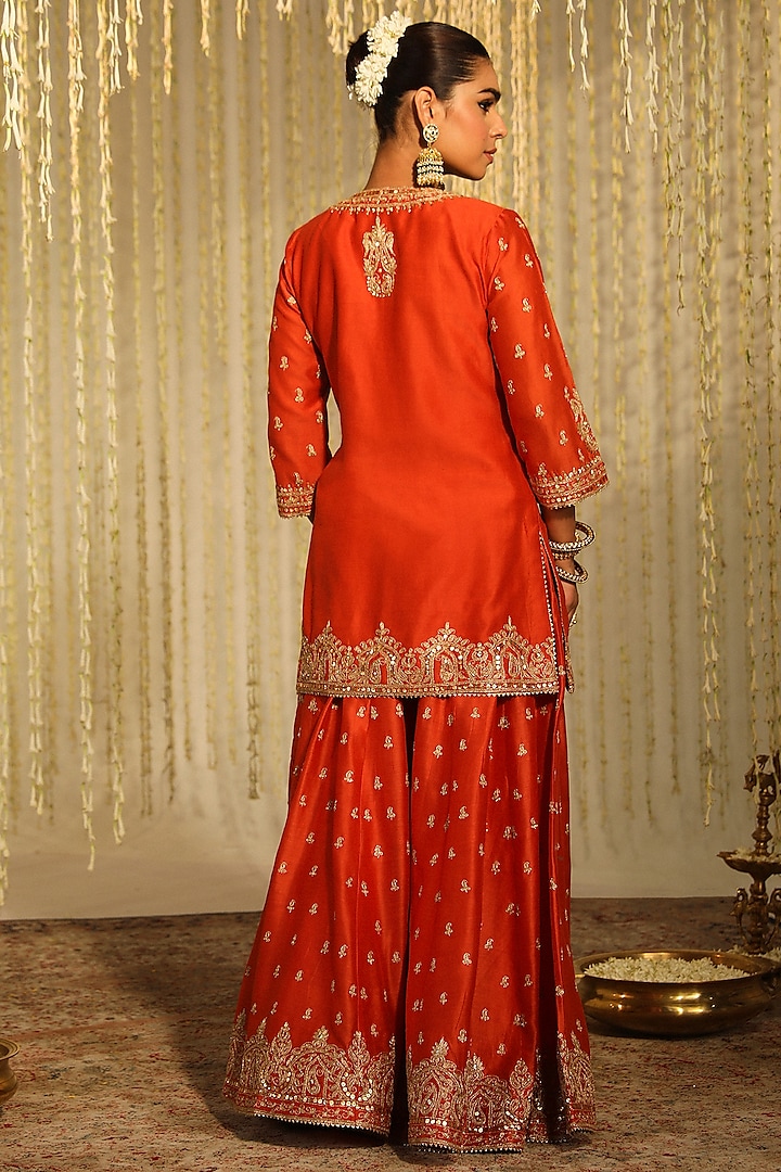 Burnt Orange Pure Silk Chanderi Embroidered Sharara Set by Sheetal ...