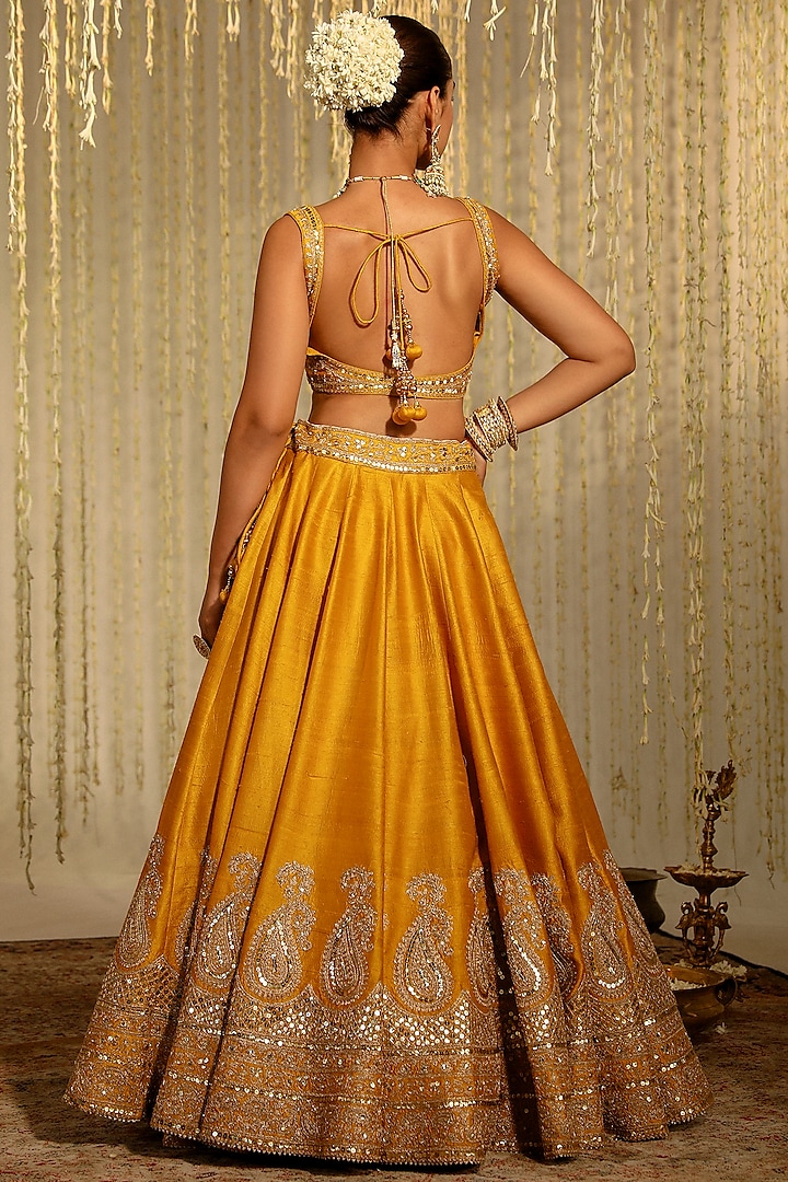 Mustard Pure Raw Silk Sitara Embroidered Wedding Lehenga Set by Sheetal ...