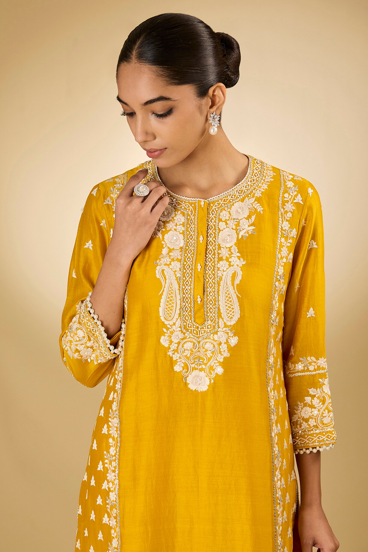 Yellow Pure Silk Chanderi Gota Embroidered Kurta Set For Girls by ...