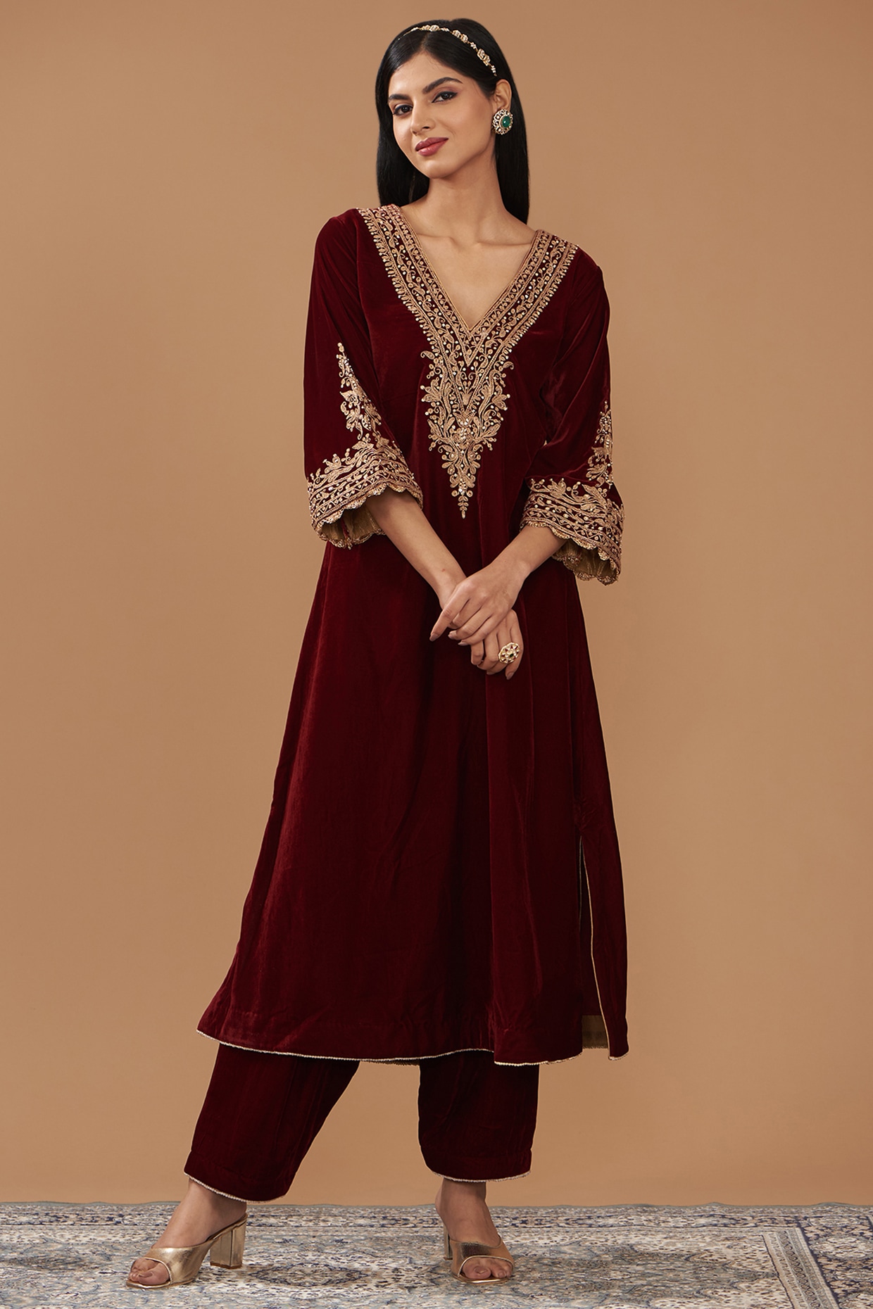 Maroon Silk Velvet Hand Embroidered Long Choga Kurta Set For Girls by ...