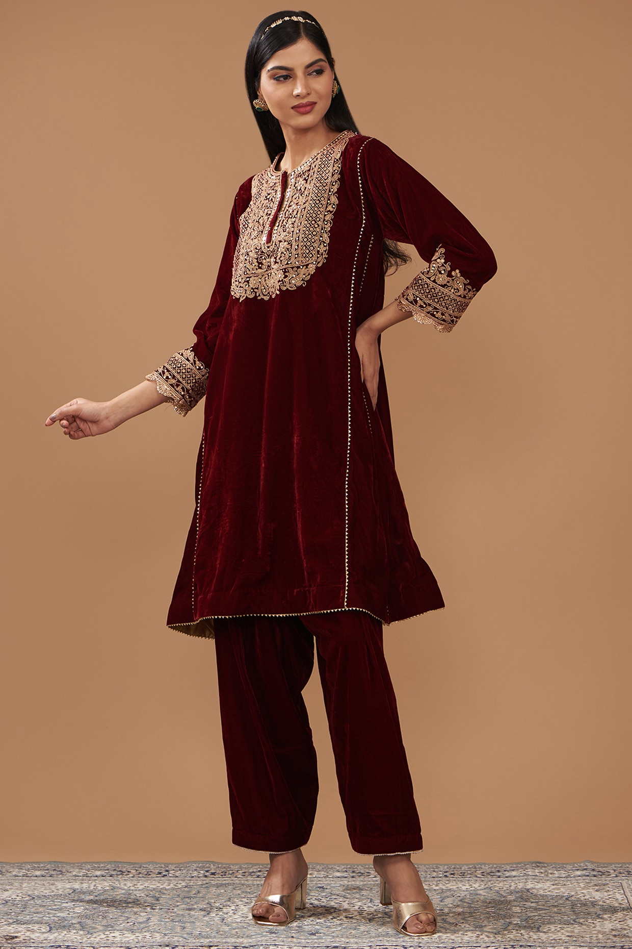 Maroon Silk Velvet Hand Embroidered Choga Kurta Set For Girls by ...