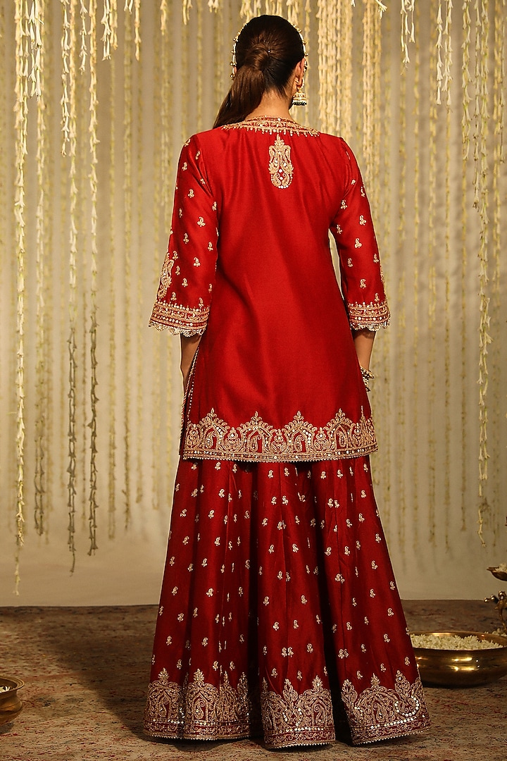 Deep Red Pure Silk Chanderi Dori Embroidered Sharara Set For Girls by ...