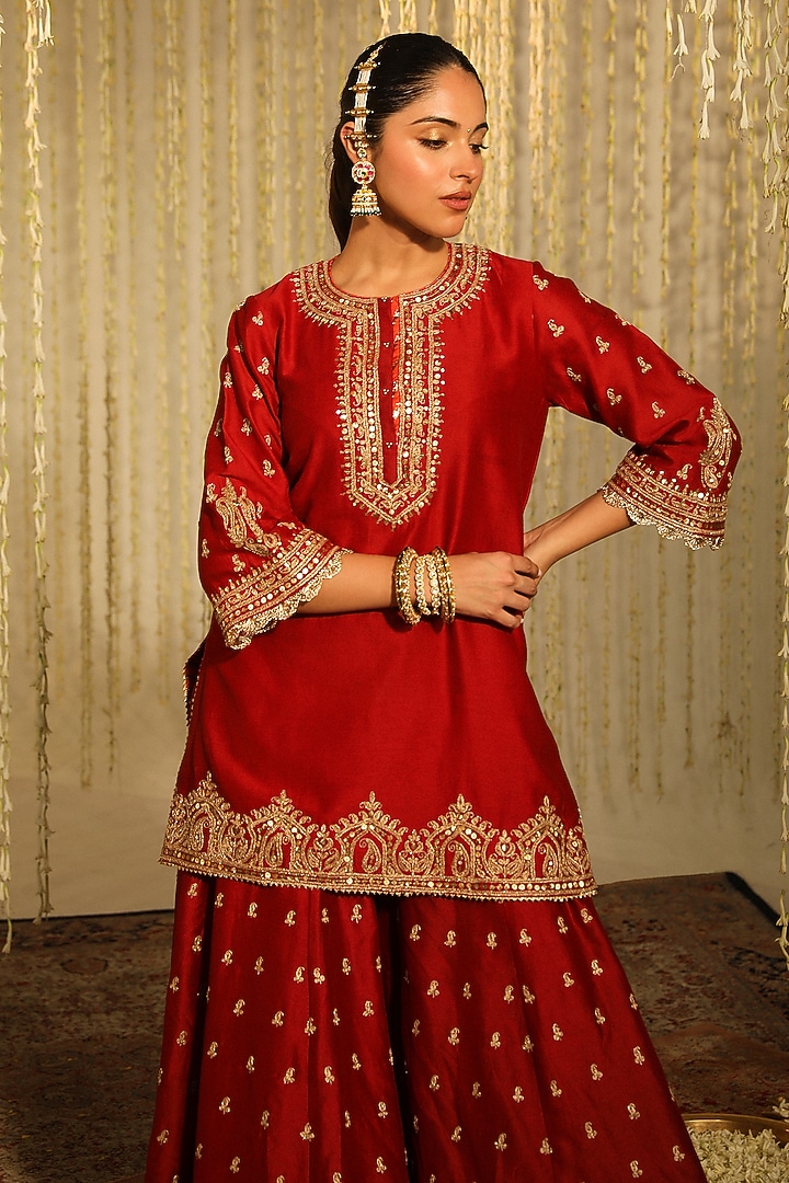 Deep Red Pure Silk Chanderi Dori Embroidered Sharara Set For Girls by ...