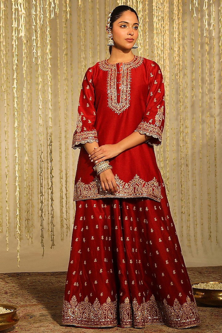 Deep Red Pure Silk Chanderi Dori Embroidered Sharara Set For Girls by ...