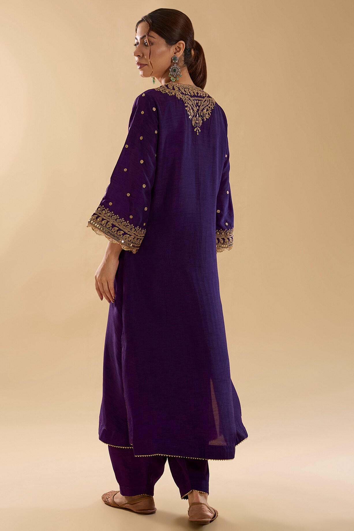 Deep Purple Silk Dupion Dori Embroidered Kurta Set For Girls by Sheetal ...