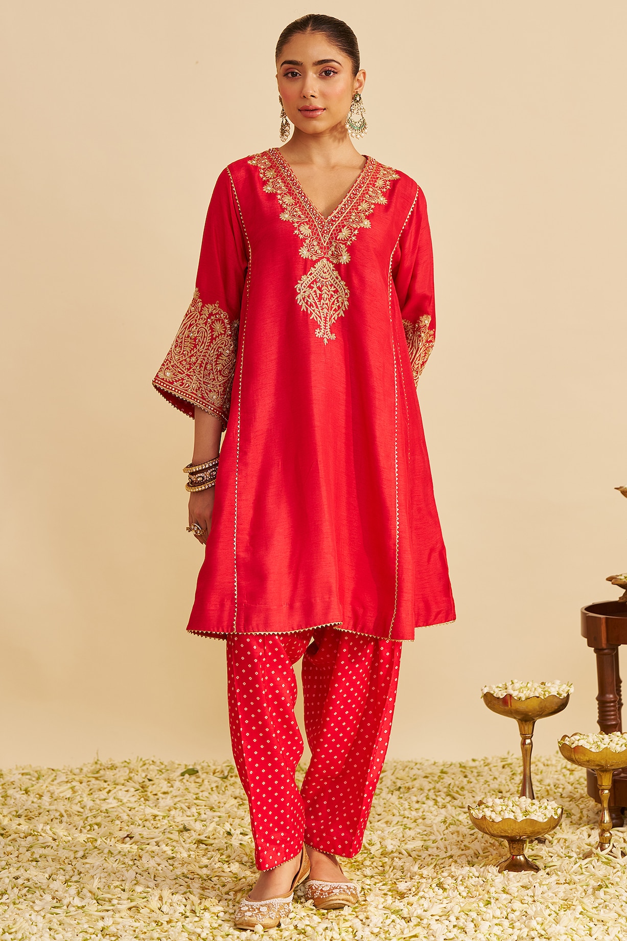 Red Pure Upada Silk Gota Embroidered Kurta Set For Girls by Sheetal ...