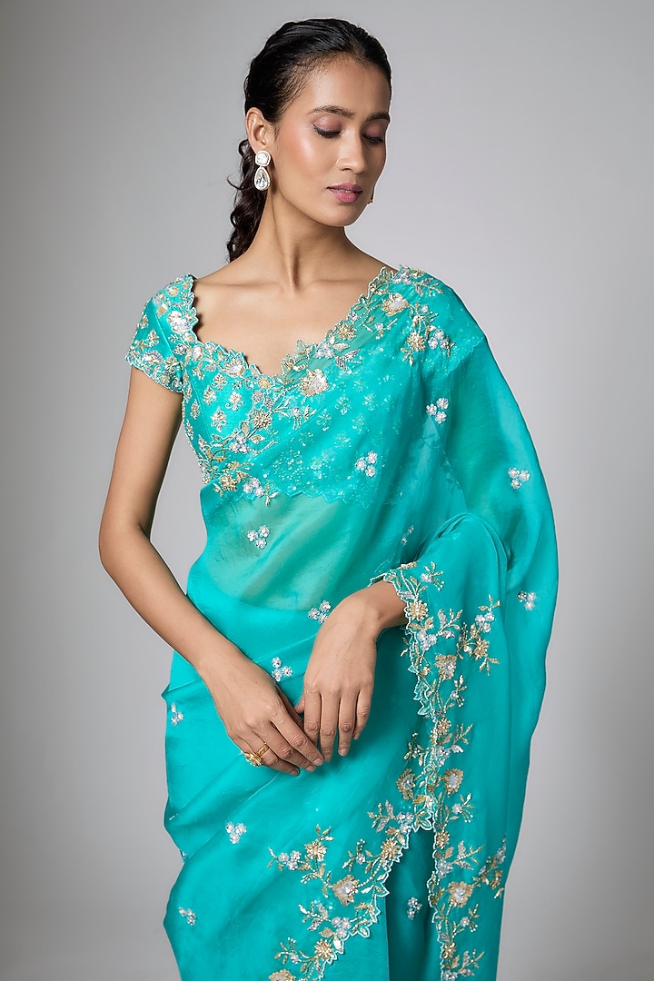 Green Organza Cutwork Embroidered Reception Saree Set by Shlok Design ...