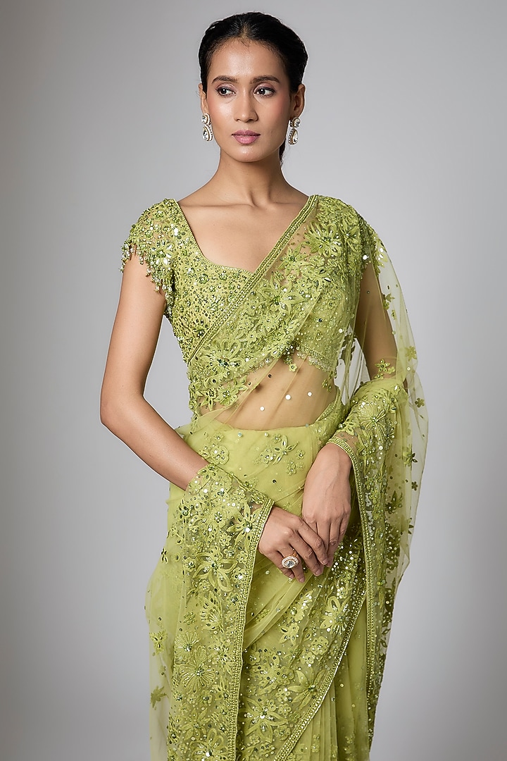 Green Net Cutdana Embroidered Reception Saree Set by Shlok Design at ...
