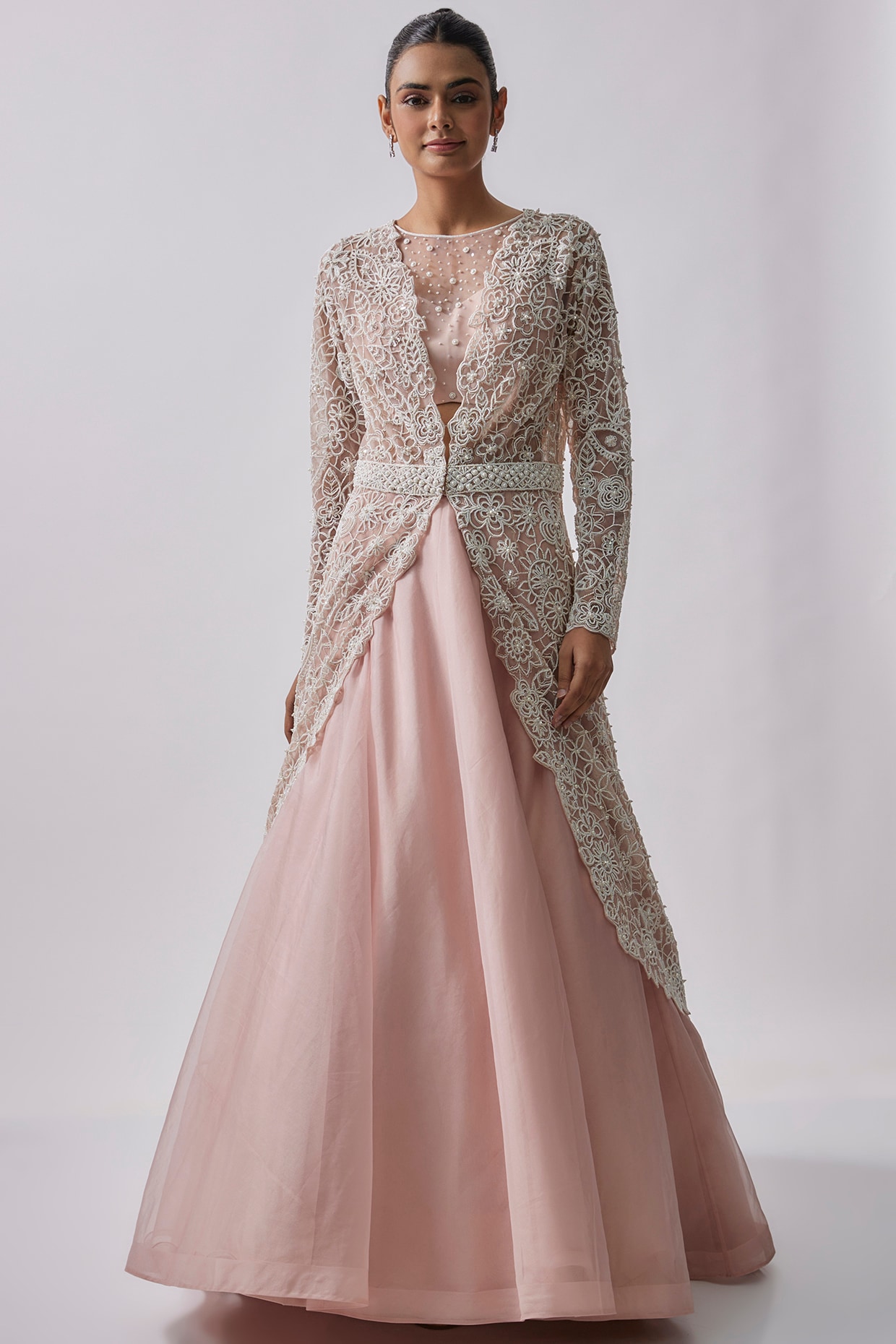 Blush Pink Net Embroidered Jacket Wedding Lehenga Set by Shlok Design ...