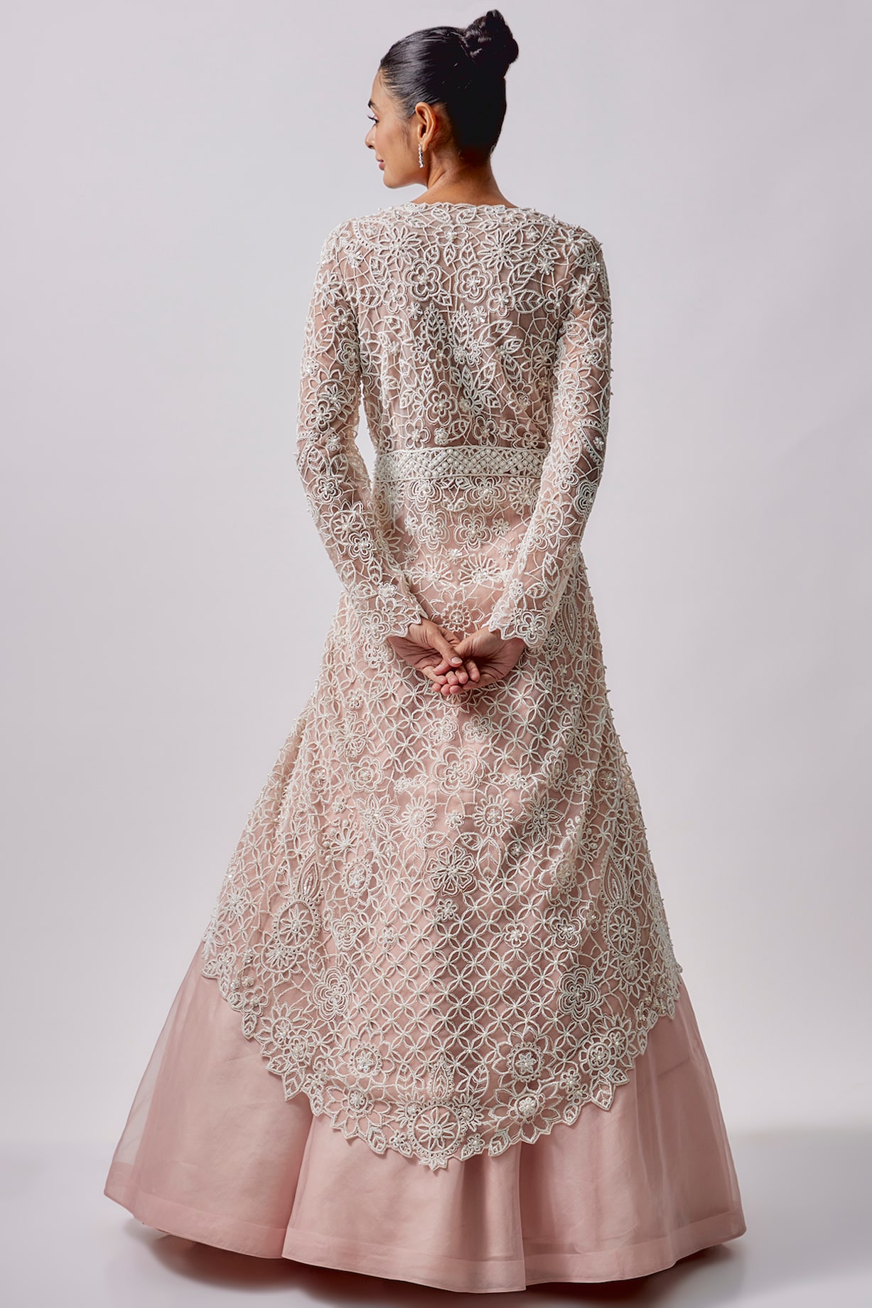 Blush Pink Net Embroidered Jacket Wedding Lehenga Set by Shlok Design ...